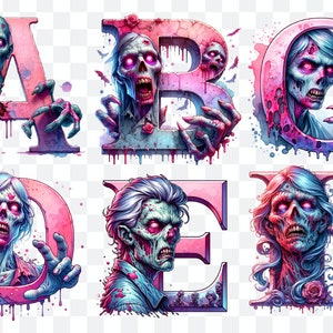 Zombie PNG Alphabet and Numbers Sublimation Clipart Bundle in Pink and ...