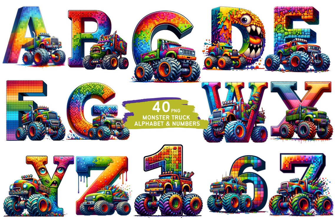 Monster Truck PNG Alphabet and Numbers Bundle, Monster Jam Sublimation ...