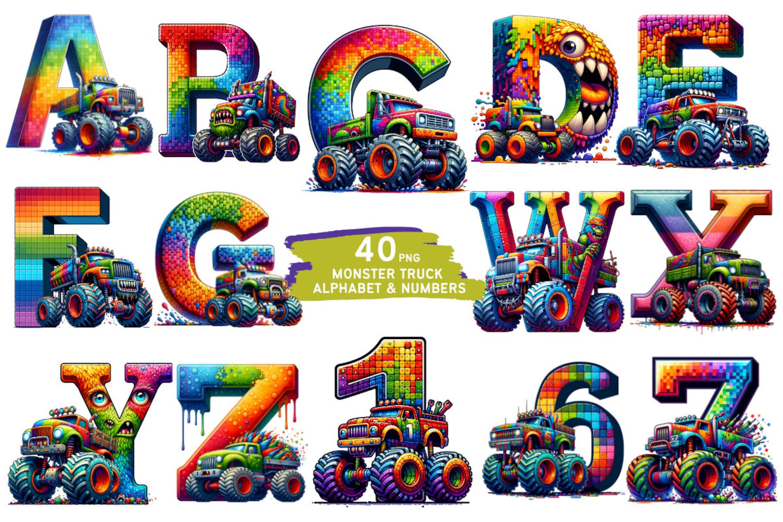 Monster Truck PNG Alphabet and Numbers Bundle, Monster Jam Sublimation ...
