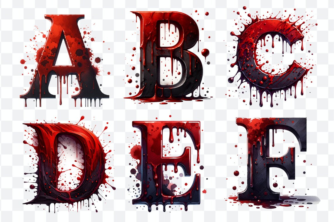Blood Splatter PNG Alphabet and Numbers Clipart Bundle With Dripping ...