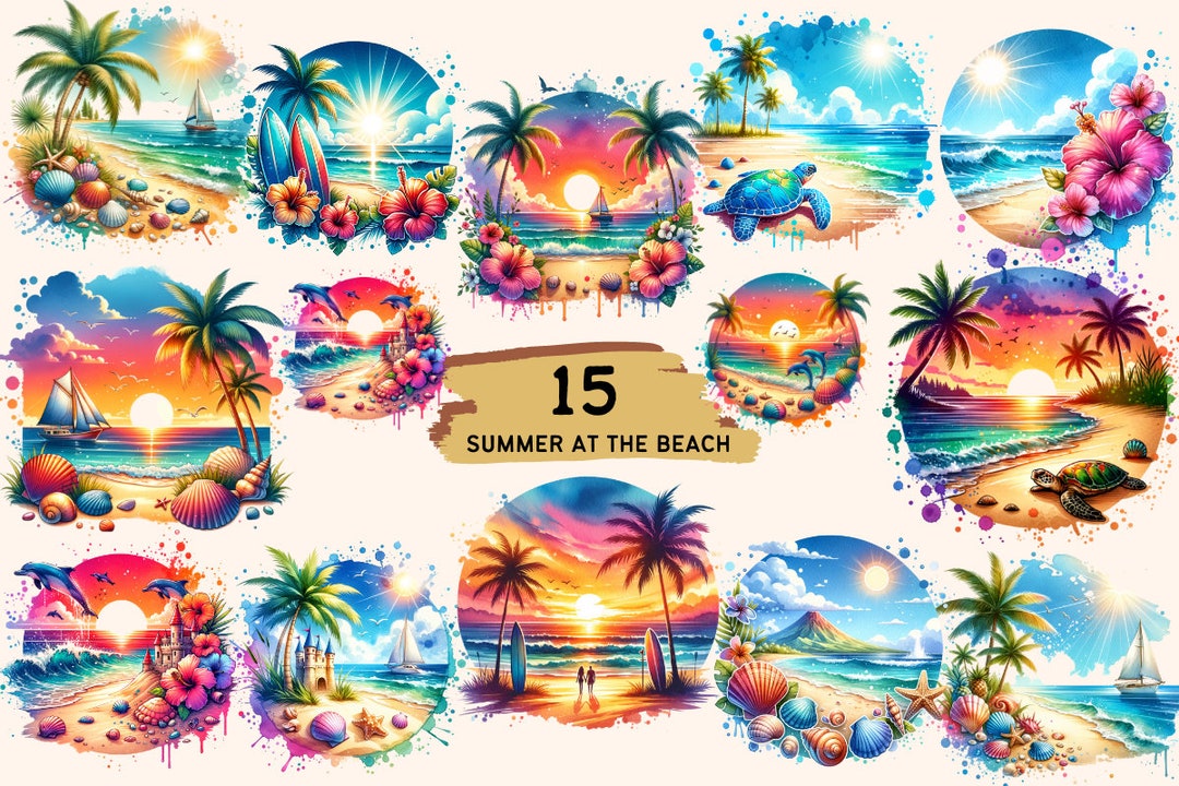 Summer at the Beach Clipart Bundle, Beach Sunset Sublimation PNG With ...