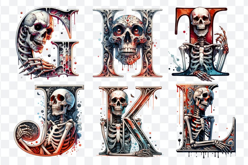 Skeleton Alphabet and Numbers Sublimation PNG Clipart Bundle in White ...