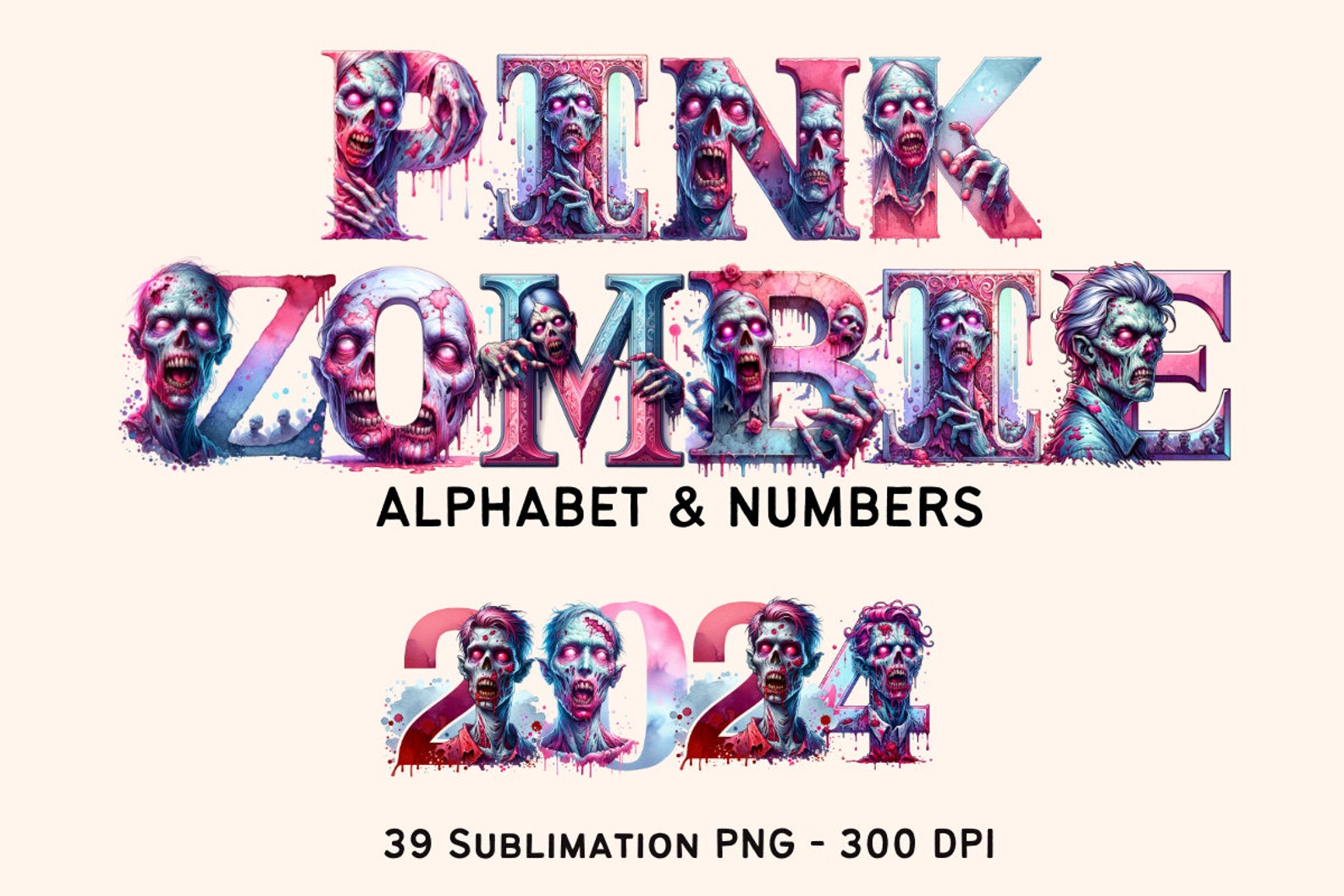 Zombie PNG Alphabet and Numbers Sublimation Clipart Bundle in Pink and ...