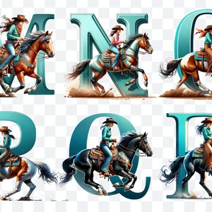 Cowgirl PNG Alphabet Bundle, Western ABC Clipart of Women on Horse ...
