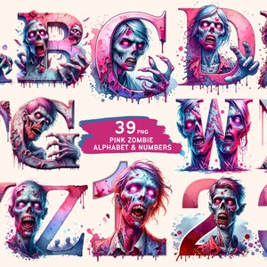 Zombie PNG Alphabet and Numbers Sublimation Clipart Bundle in Pink and ...