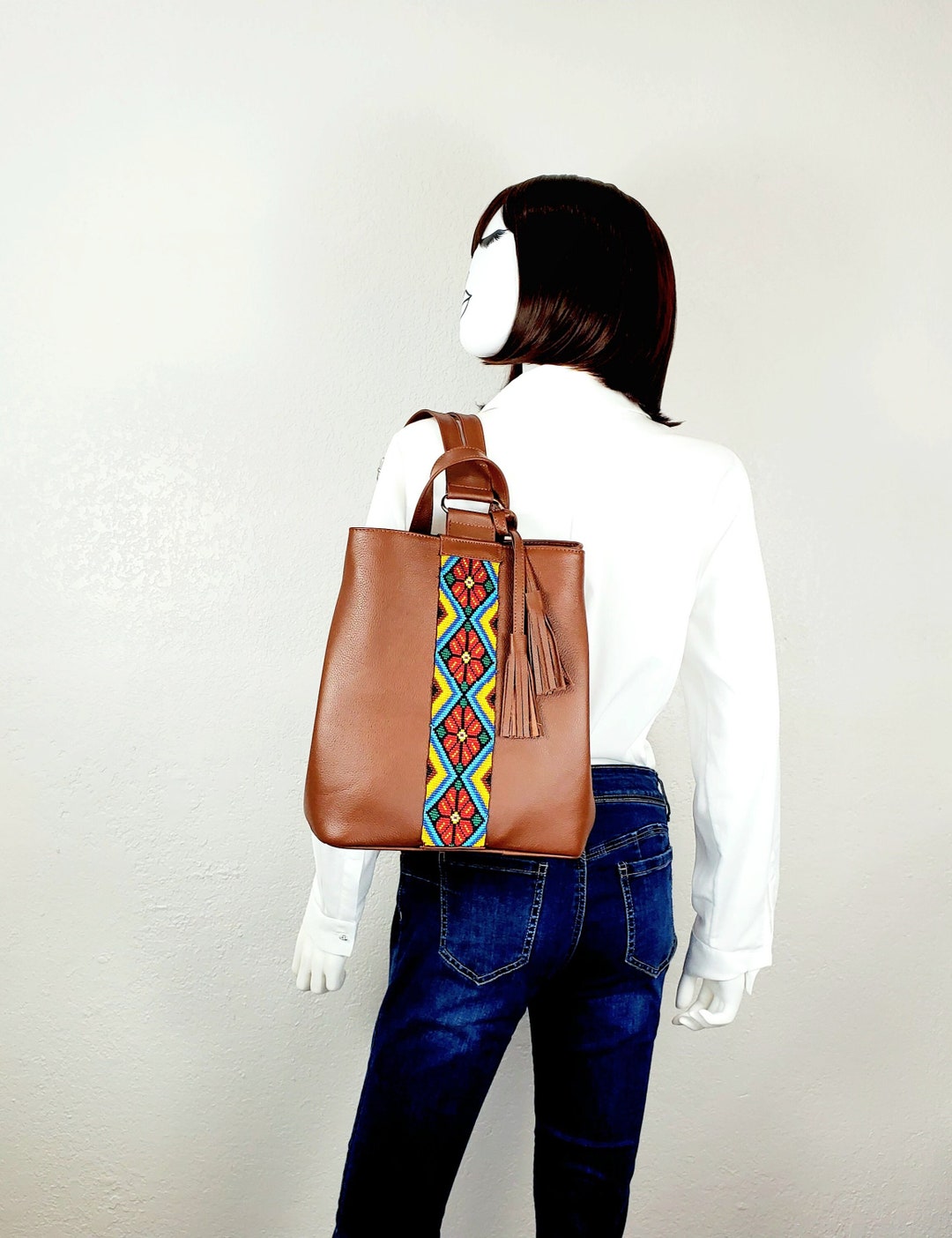 Mexican Backpack-artisanal Leather Backpack With Huichol Art-mexican ...