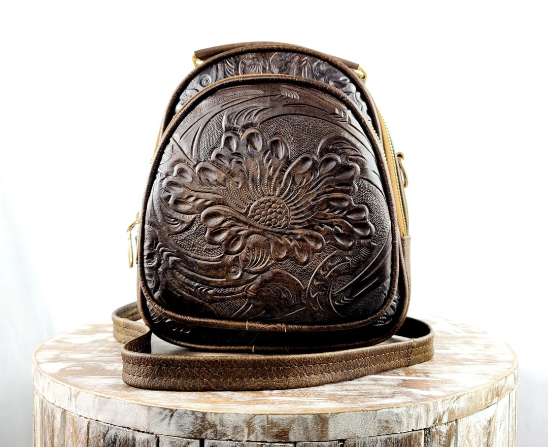 Mexican Leather Mini Backpack-brown Backpack-mexican Tooled Handbag - Etsy