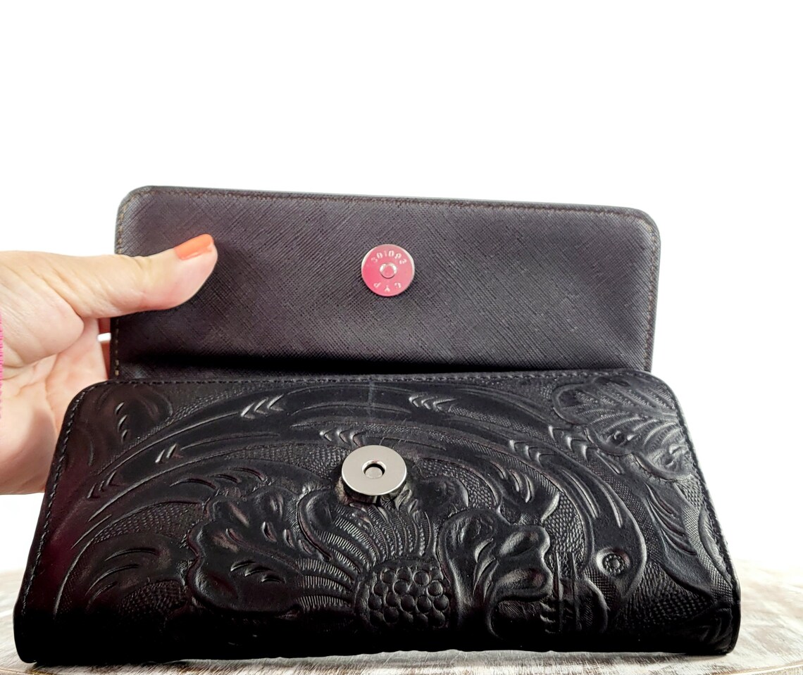 Handmade Black Leather Wallet: Mexican Floral Carved Design - Etsy