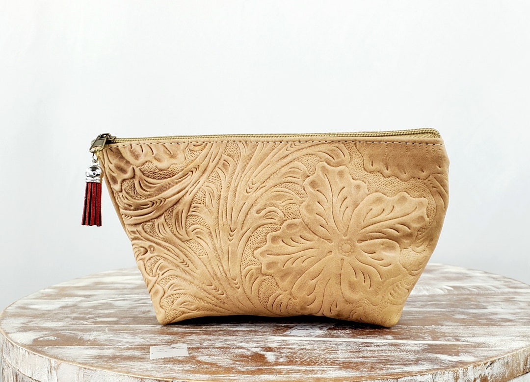 Mexican Leather Cosmetic Bag-artisanal Bag-hand Tooled Bag-leather Bag ...