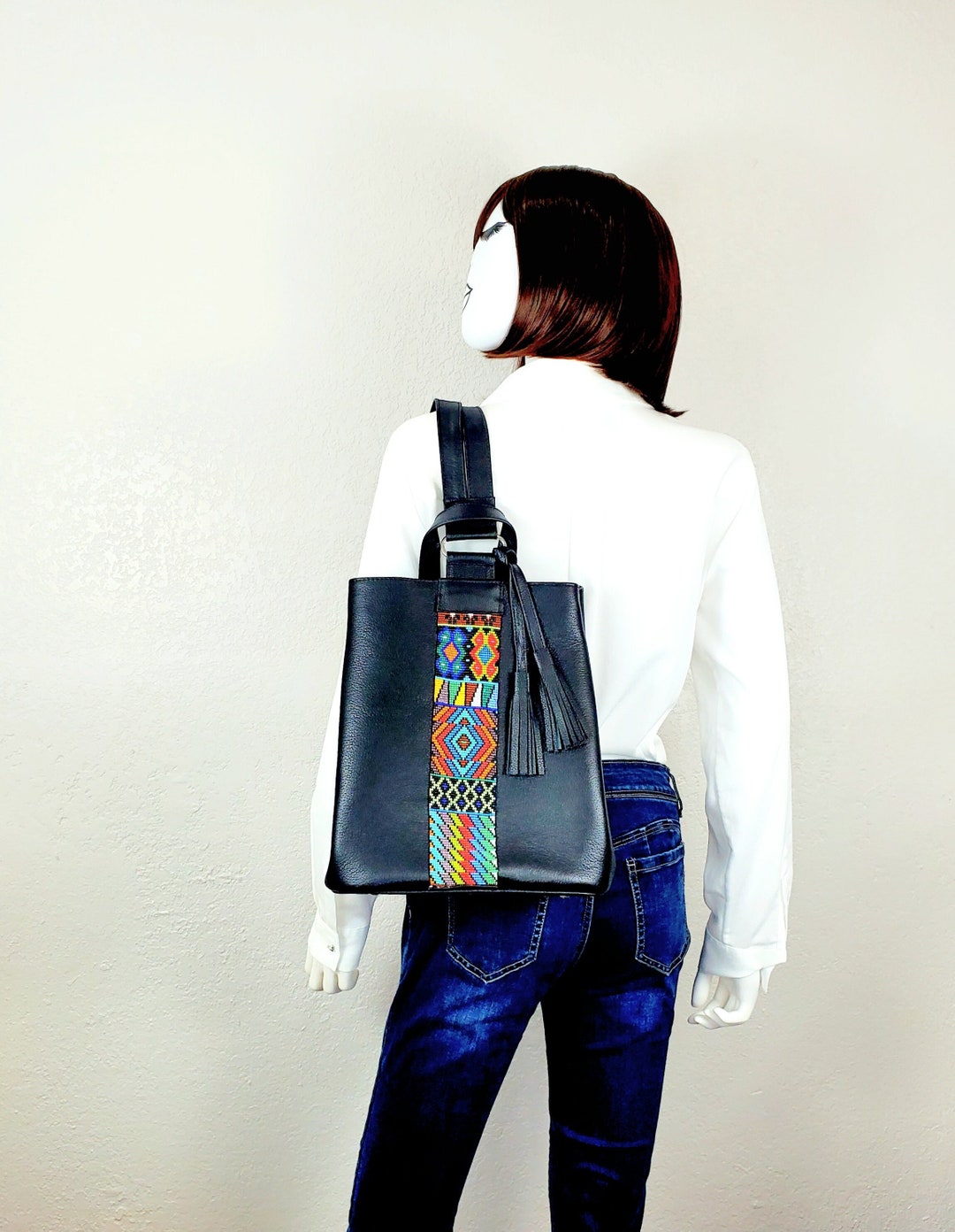 Mexican Backpack-artisanal Leather Backpack With Huichol Art-mexican ...