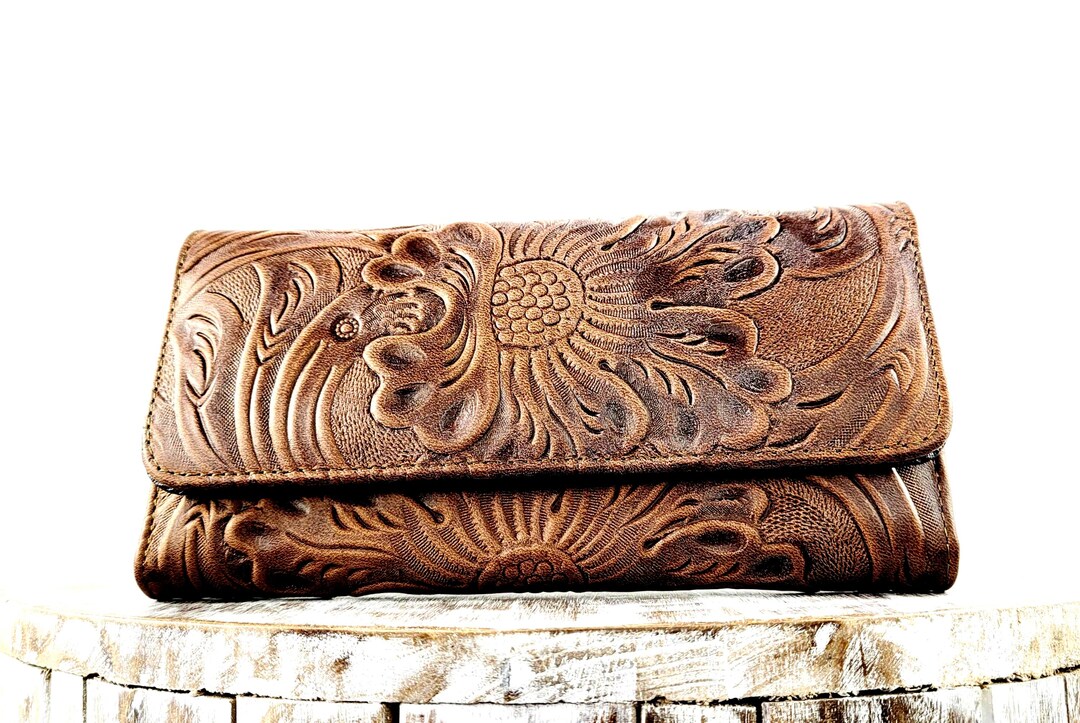Handmade Carved Leather Wallet: Mexican Floral Design - Etsy