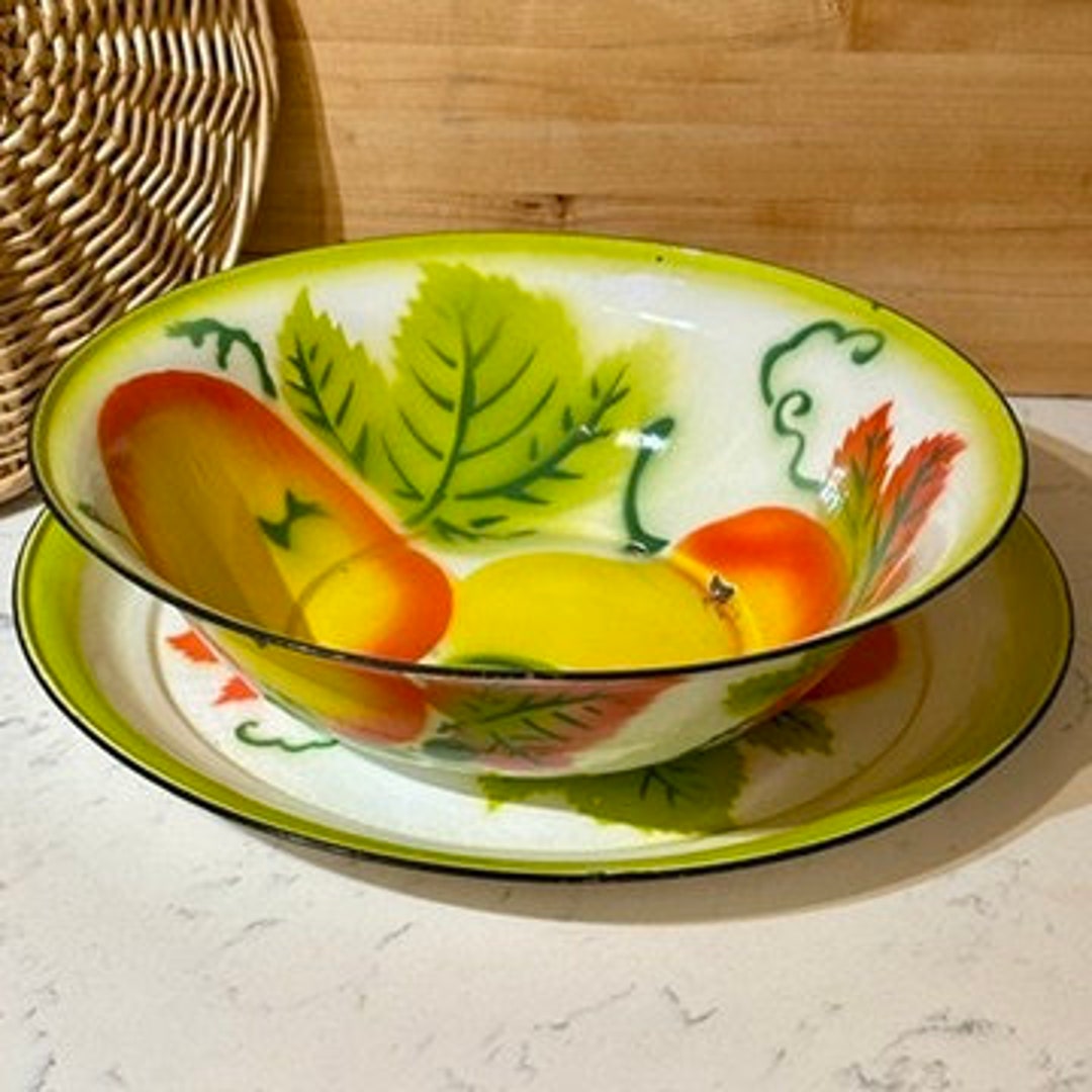 Vintage 1950s Japanese Enamelware Bowl & Platter Tray Set Retro MCM ...