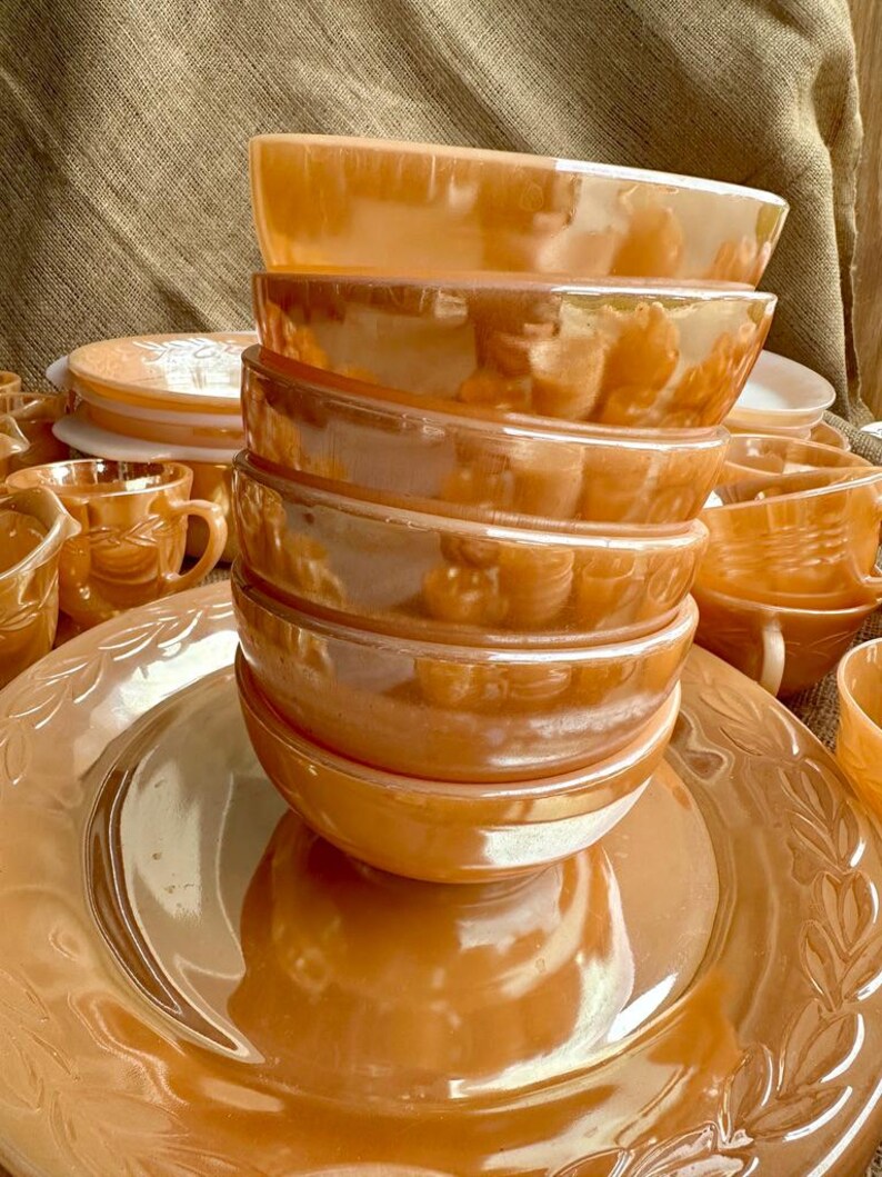 Vintage Fire King Peach Lusterware Collection Cups, Plates, Bee Hive ...