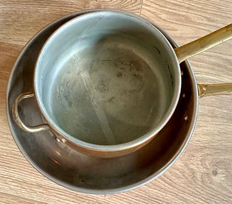 Vintage Never Used Copper & Ceramic Double Boiler Set W/brass Handles ...