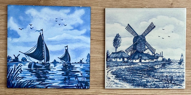 Vintage Delft Blauw Tile: Hand-painted Dutch Windmill Scene, 6" Square ...