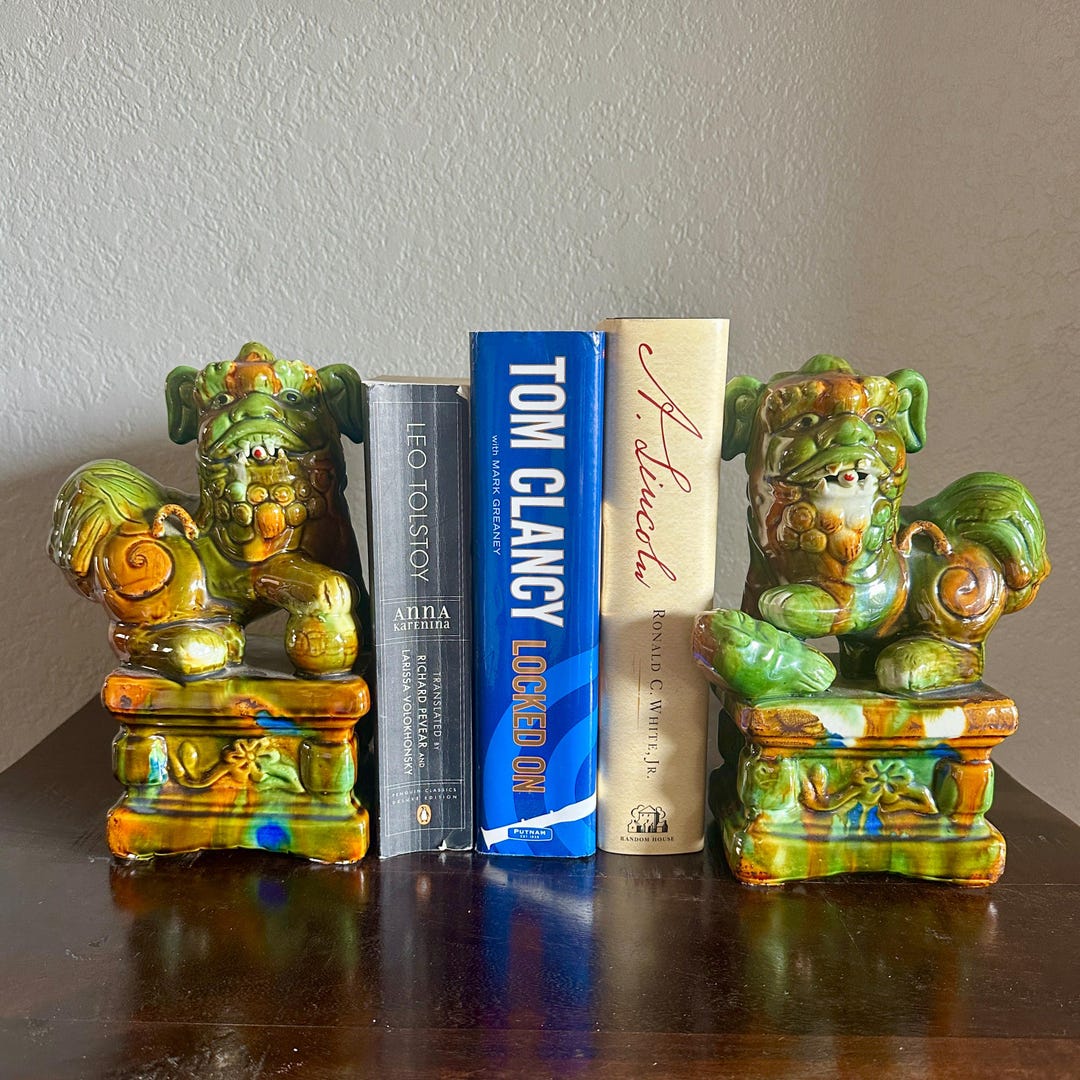 Vintage Ceramic Foo Dog Bookends: Chinoiserie Guardian Lion Sculptures ...