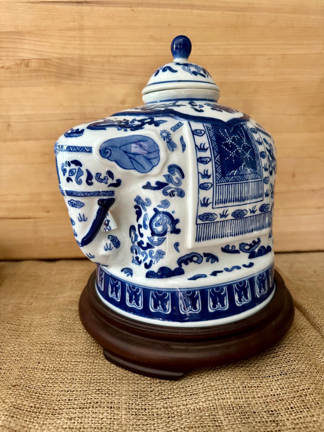 Vintage Bombay Co. Elephant Ginger Jar on Wood Base: Blue and White ...