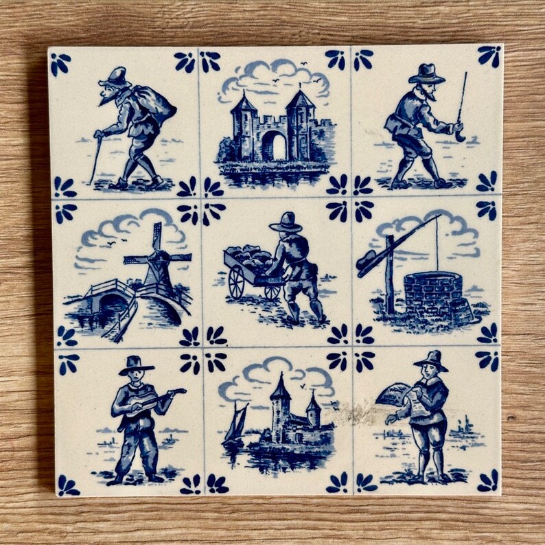 Vintage Delft Blauw Tile: Hand-painted Dutch Windmill Scene, 6" Square ...