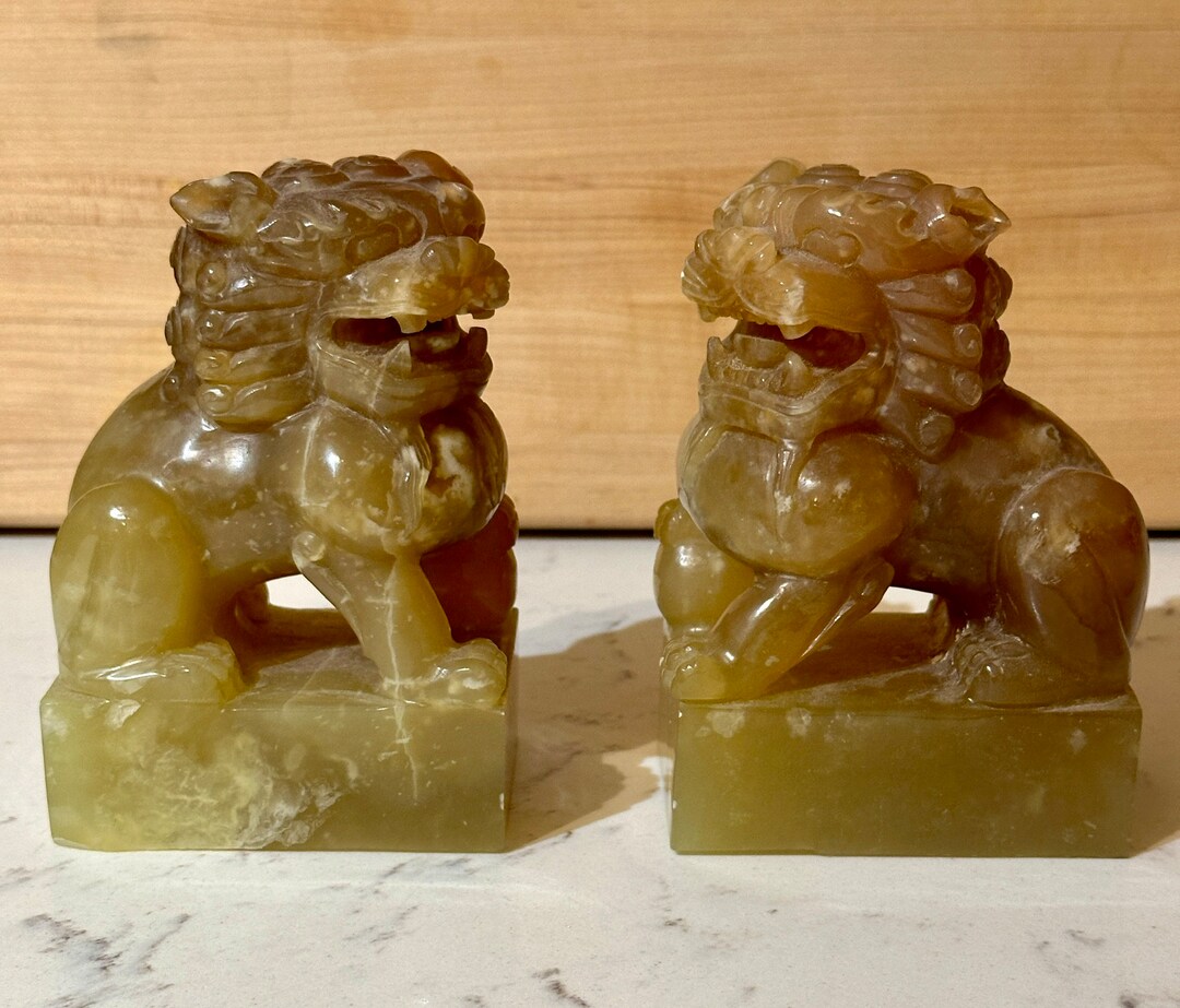 RARE Vintage Chinese Jadeite Jade Bookends • Guardian Foo Dogs From ...
