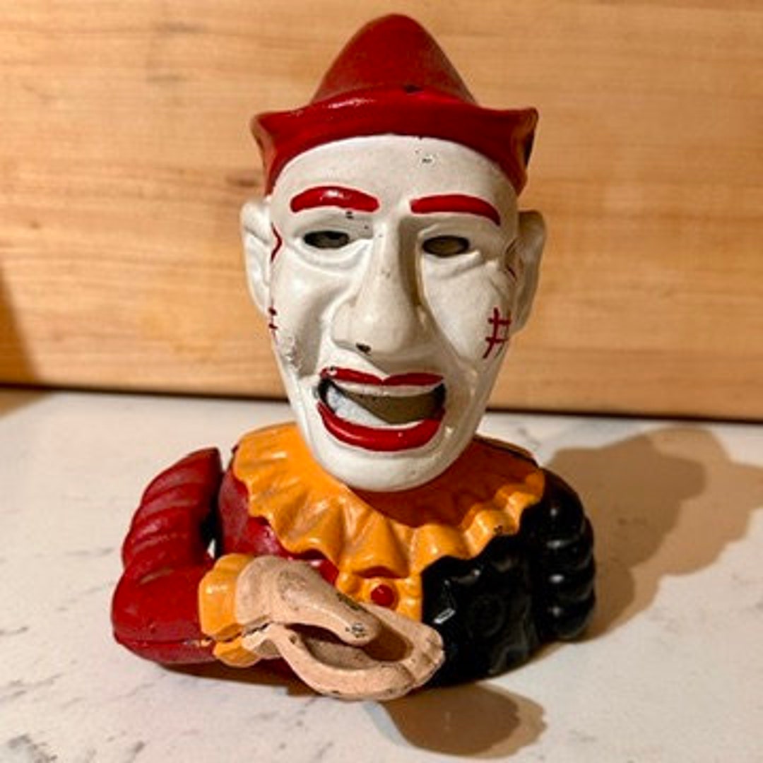 VTG Cast Iron Mechanical Clown Humpy Dumpty Jester Coin Bank ...