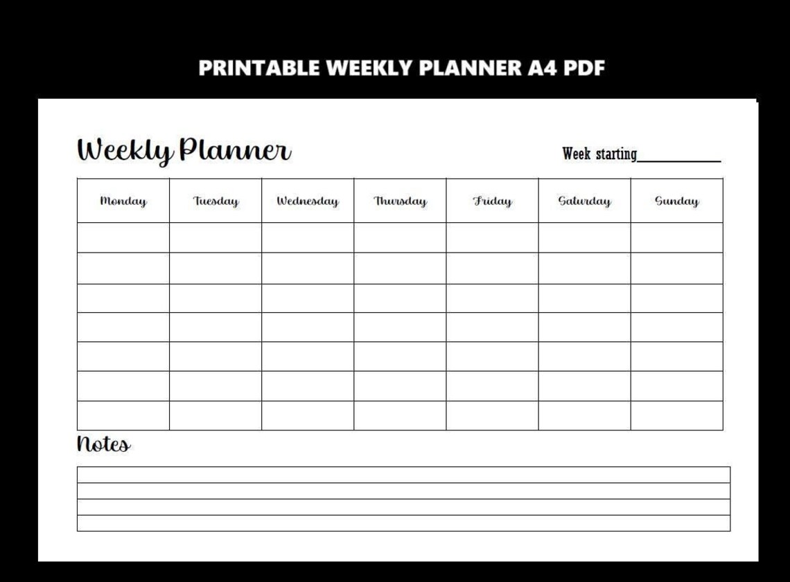 Blank Monday Start Minimalist Printable Weekly Planner Notes Section ...
