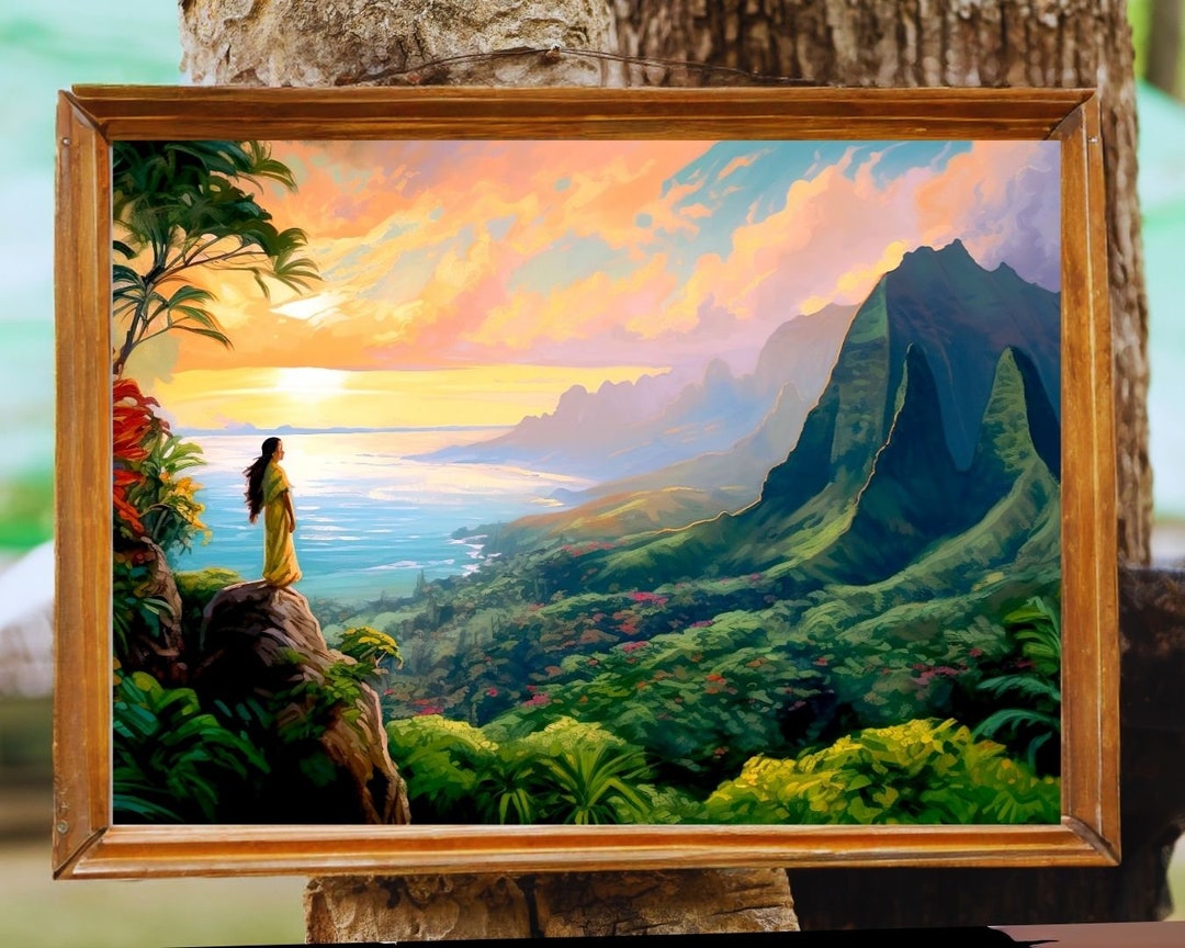 Joy of Life Hawaiian Art Print Woman Overlooking Beautiful Scenery Art ...