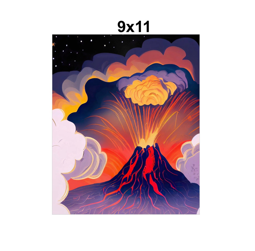 Vibrant Volcano Eruption Art Print Colorful Lava Landscape Fantasy ...