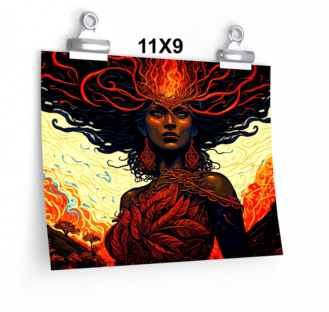 Hawaiian Goddess Pele Art Print Fiery Mauna Loa Volcano Scene Red Lava ...
