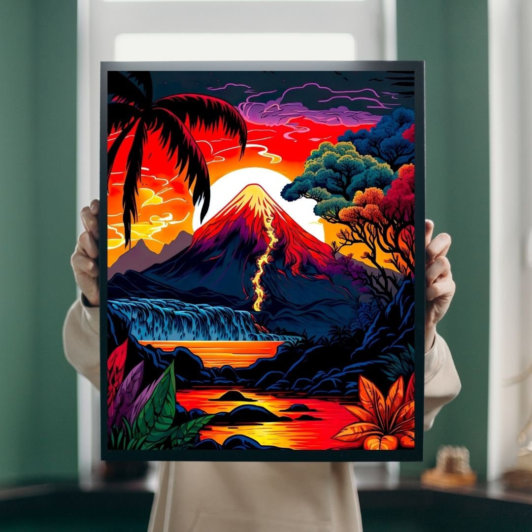 Colorful Volcano Eruption Art Print Vivid Lava Flow Scene Brilliant ...