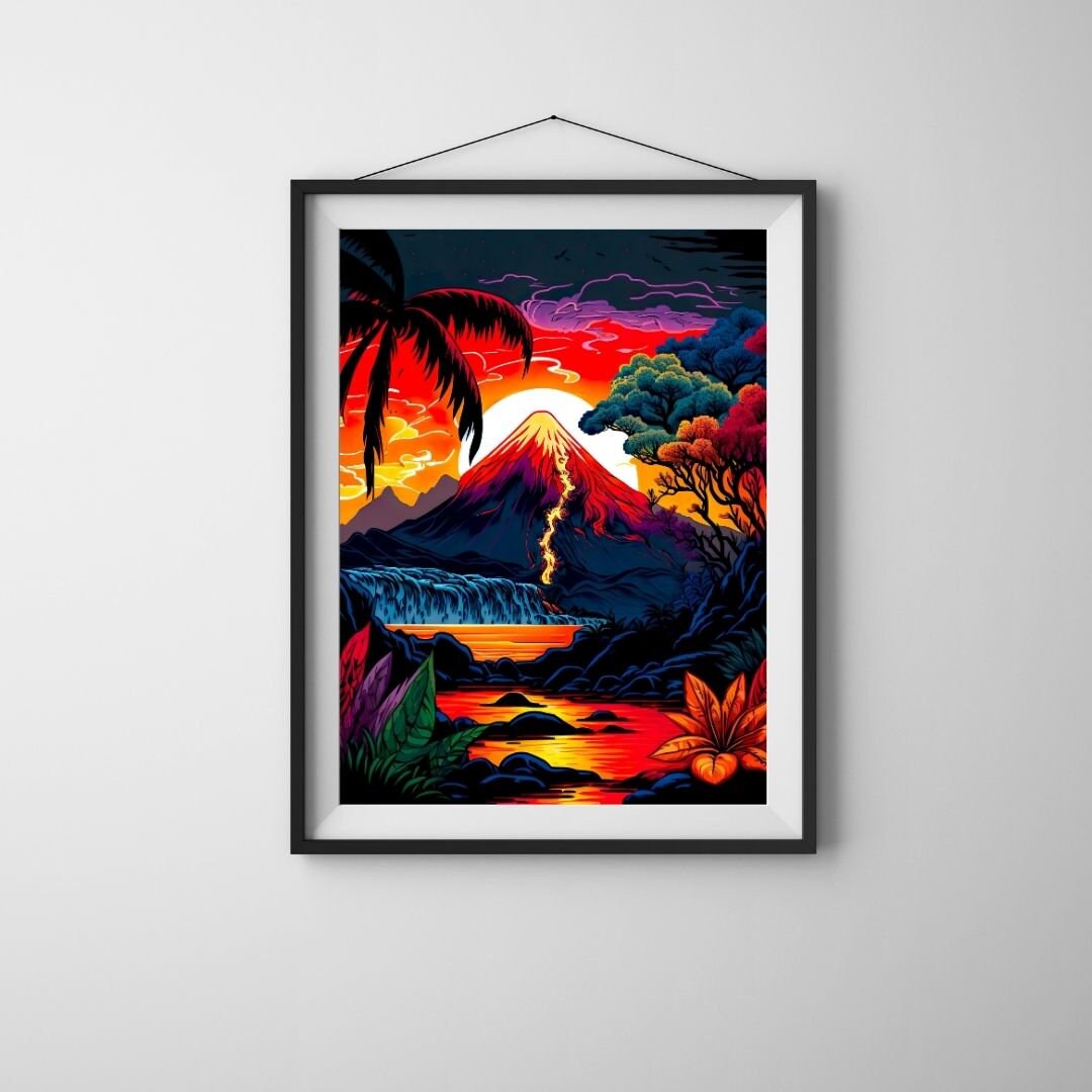 Colorful Volcano Eruption Art Print Vivid Lava Flow Scene Brilliant ...
