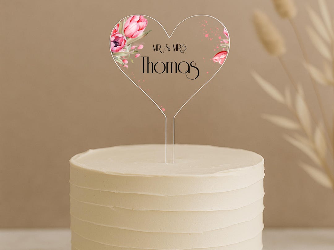 Custom Pink Floral Heart Cake Topper - Wedding or Anniversary ...