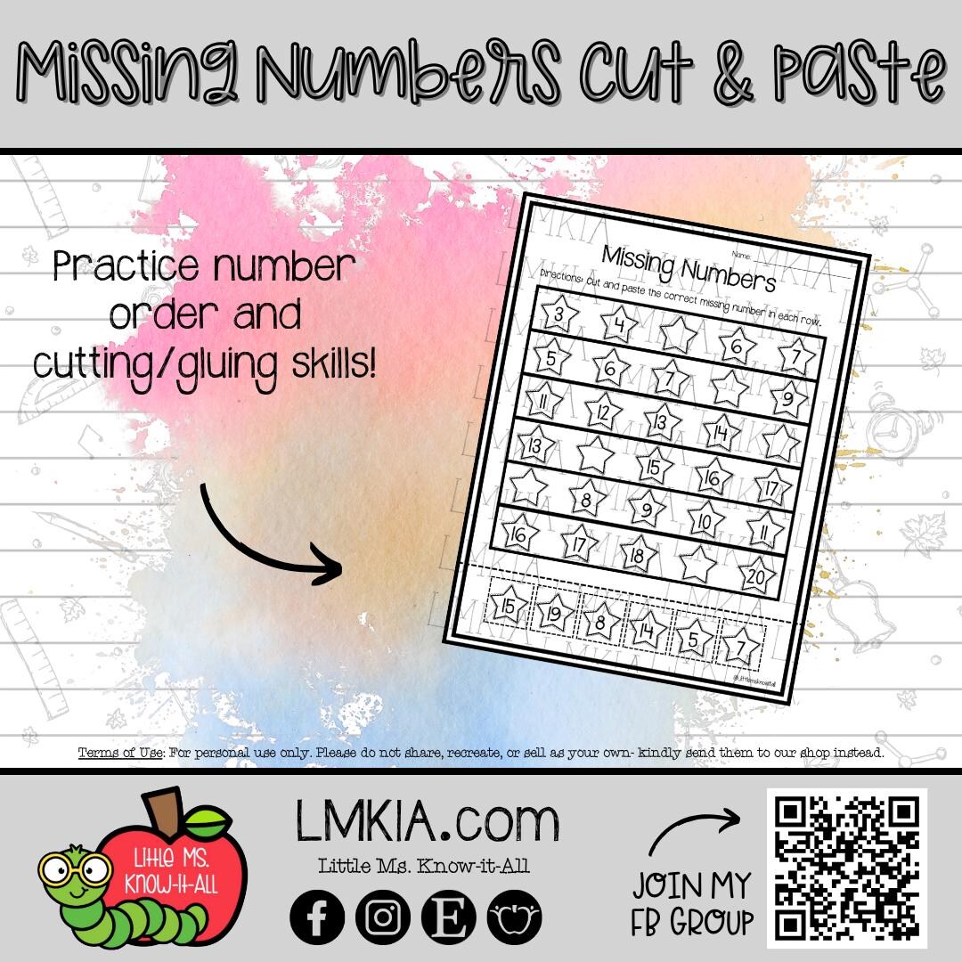 Missing Numbers Cut and Paste Teacher & Homeschool Math Printable ...