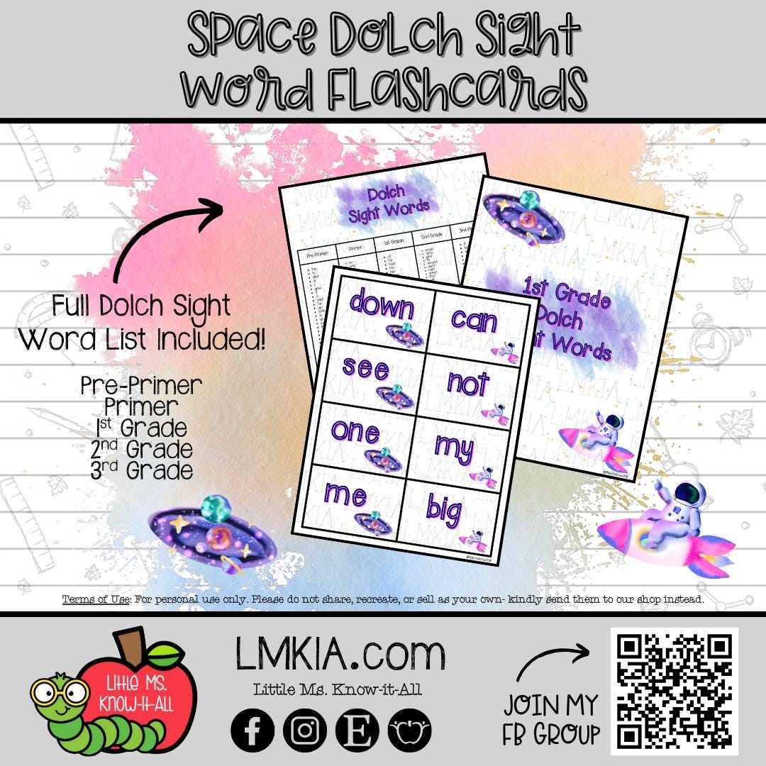 Space Dolch Sight Word Printable Flashcards, Classroom Digital ...