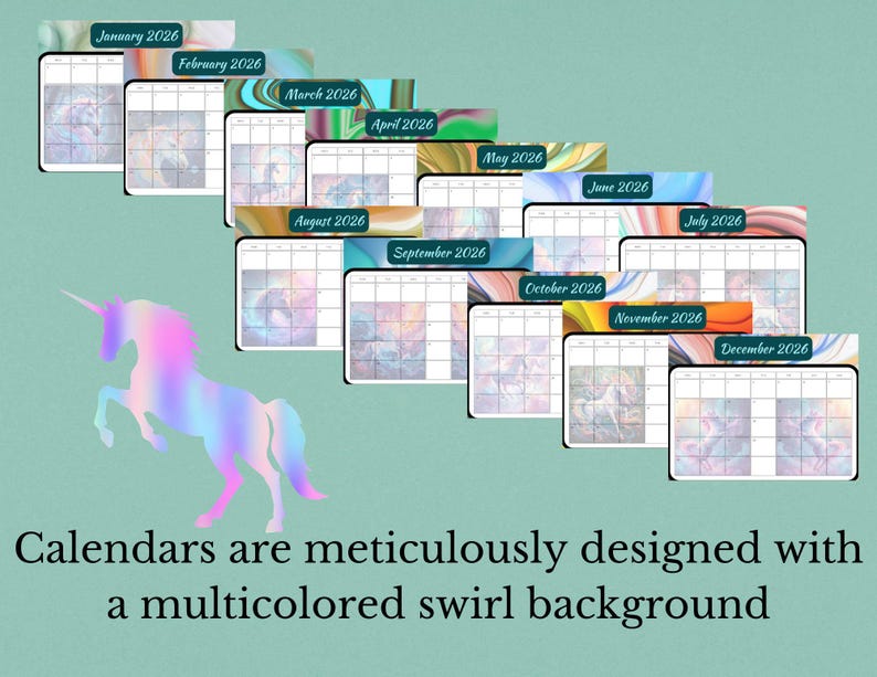 Printable Unicorn 2026 Calendar With Swirl Colors Monthly Equestrian ...