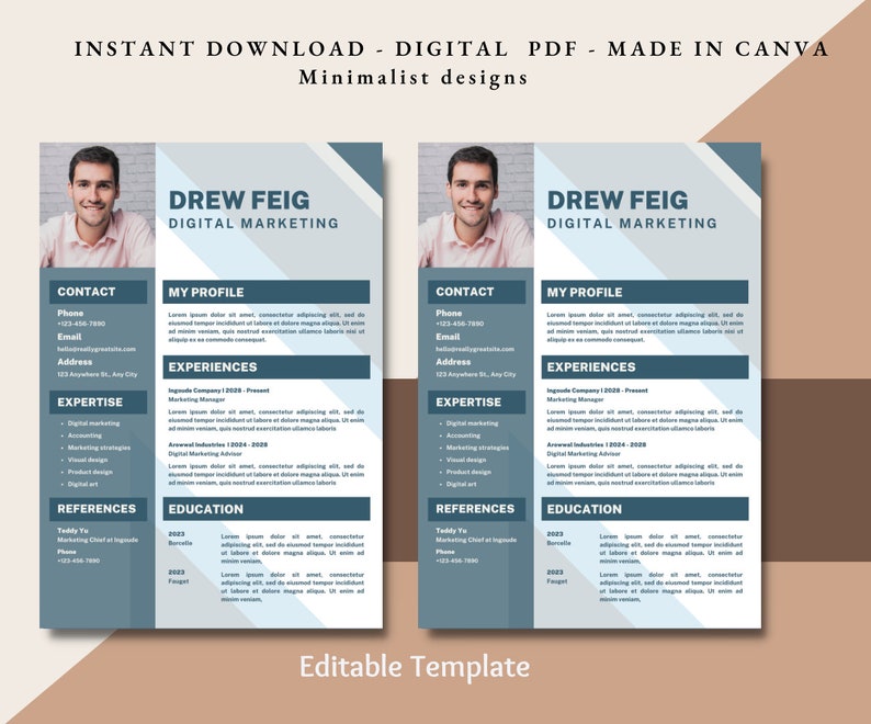Blue Modern Professional Resume Template, Job Application CV, Editable ...