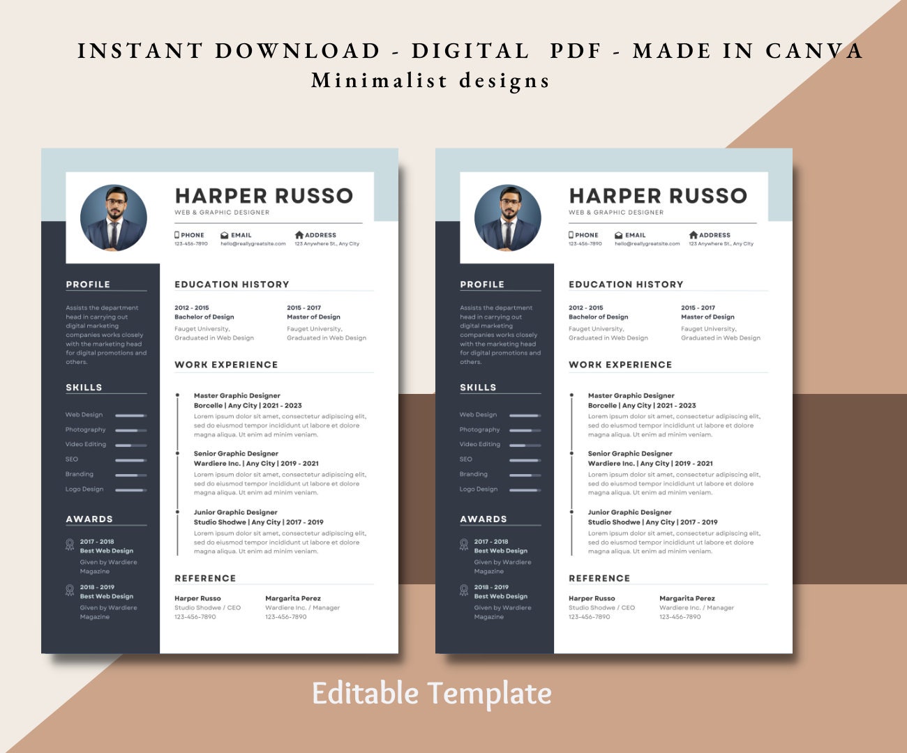 Modern Designer Resume Template, Professional CV Layout, Job ...
