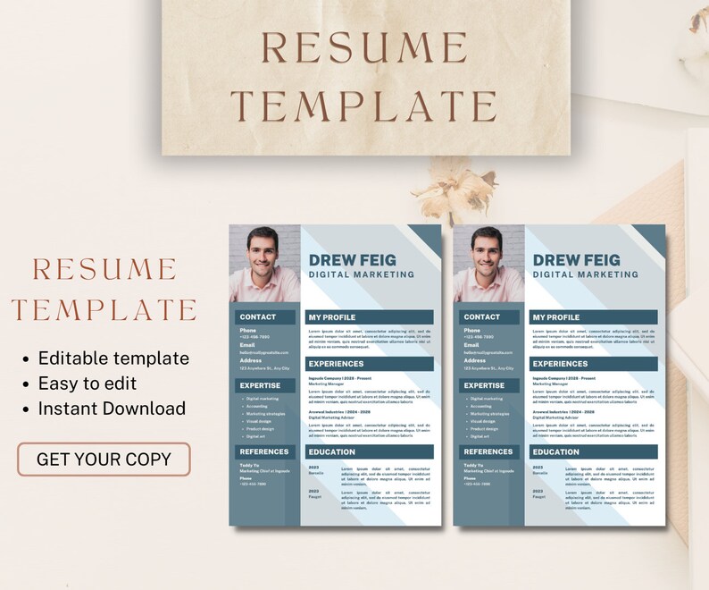 Blue Modern Professional Resume Template, Job Application CV, Editable ...