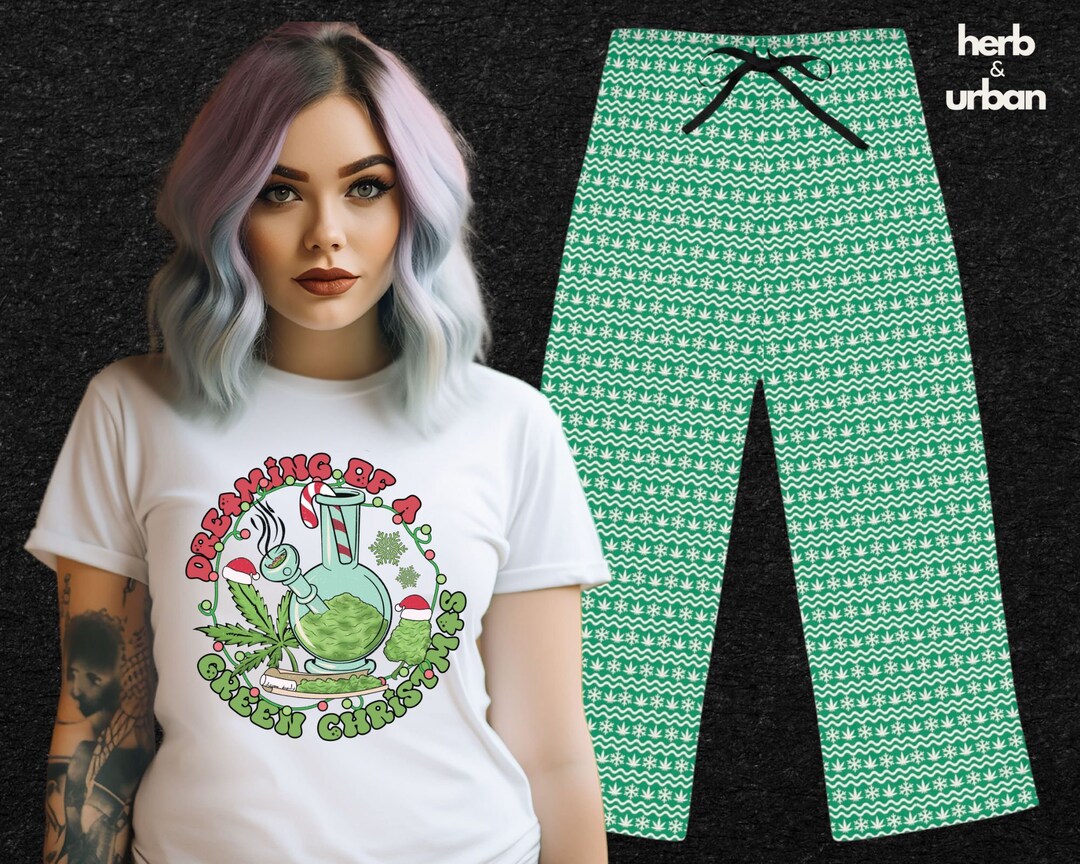 Matching Stoner Green Christmas Pajama Set, Xmas Weed Adult Pajamas ...