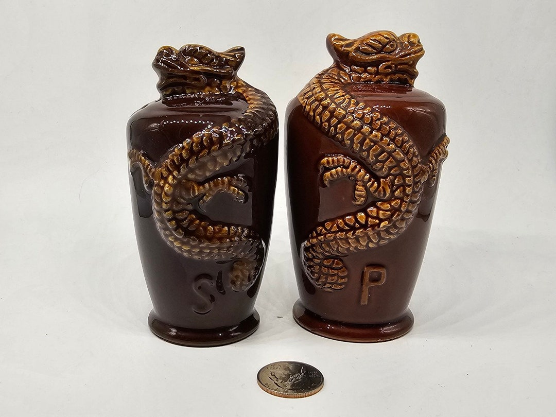 Vintage Brown Glazed Ceramic Dragon Salt & Pepper Shakers - Etsy