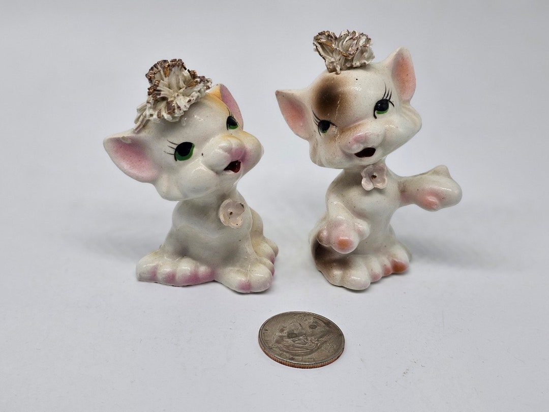 Vintage Tan Salt & Pepper Shaker Set Spaghetti Hair Kitty Cats Pair ...
