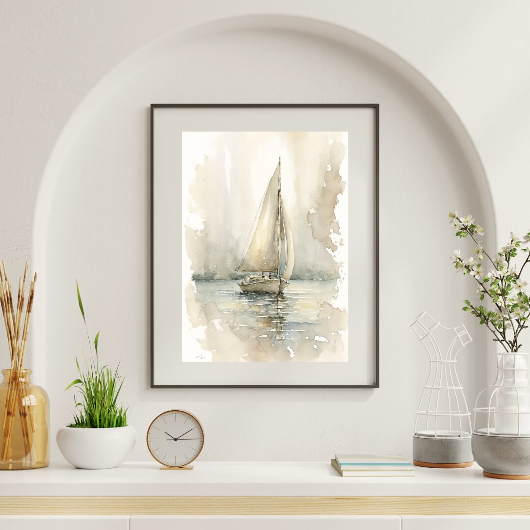 Digital Art Download Sailboat Watercolor Neutral Home Decor Printable ...