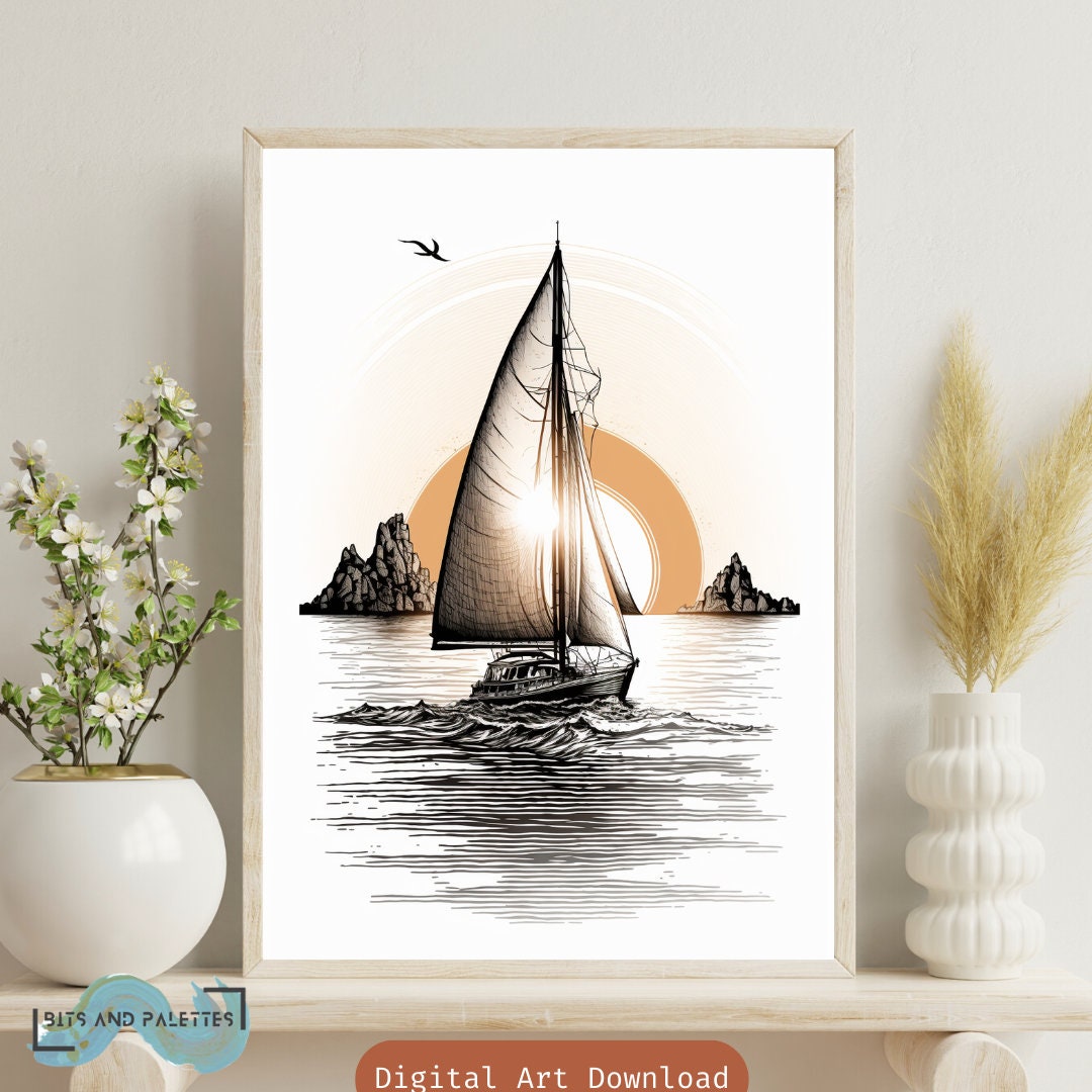 Sailboat Line Drawing Painting Digital Art Print Downloadable Decor ...