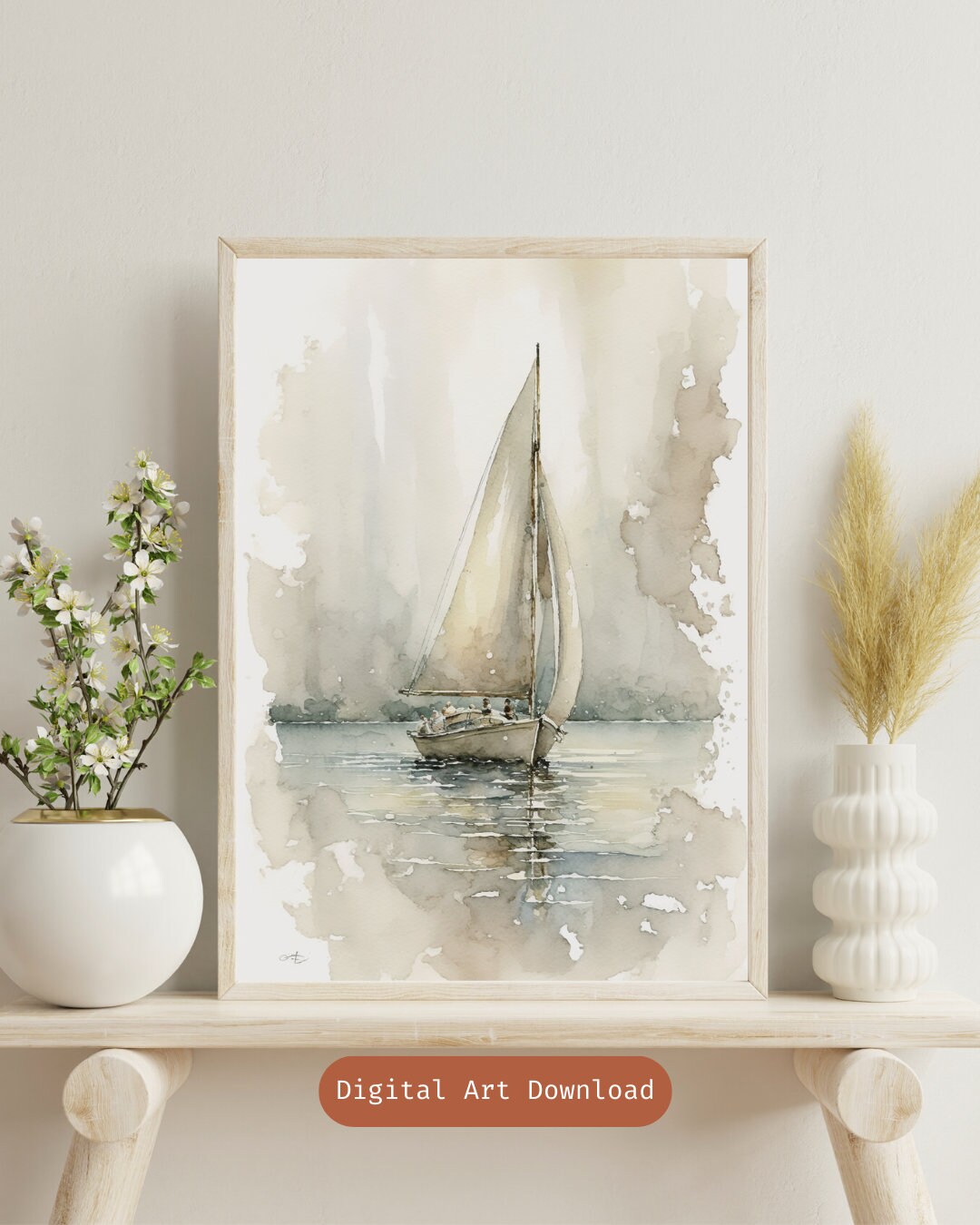 Digital Art Download Sailboat Watercolor Neutral Home Decor Printable ...