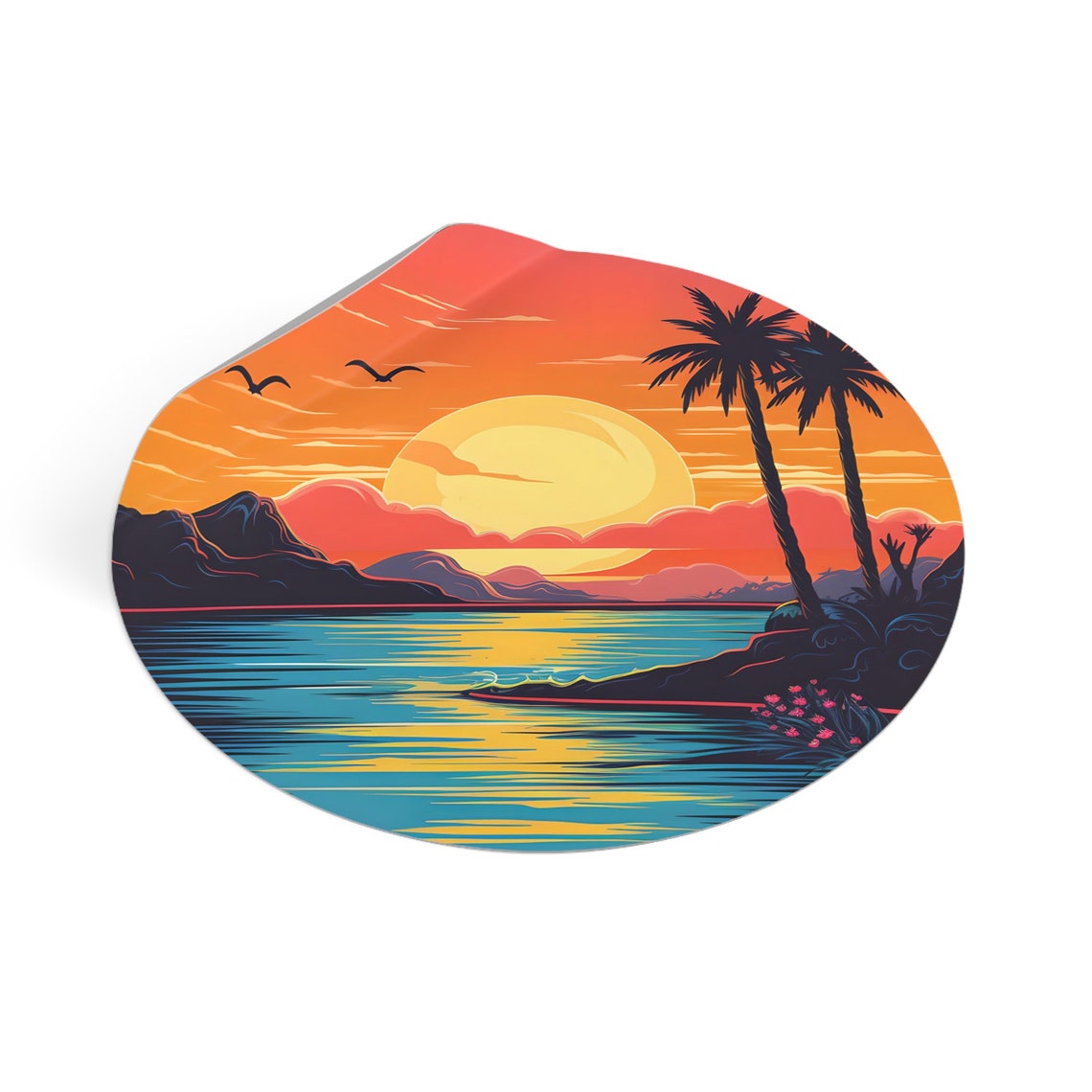 Waterproof Vaporwave Sunset With Palm Trees Circle Sticker - Retro ...