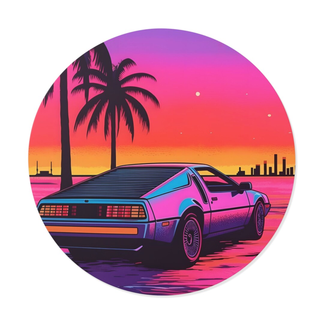 Waterproof Synthwave Car and City Skyline Circle Sticker - Retro ...