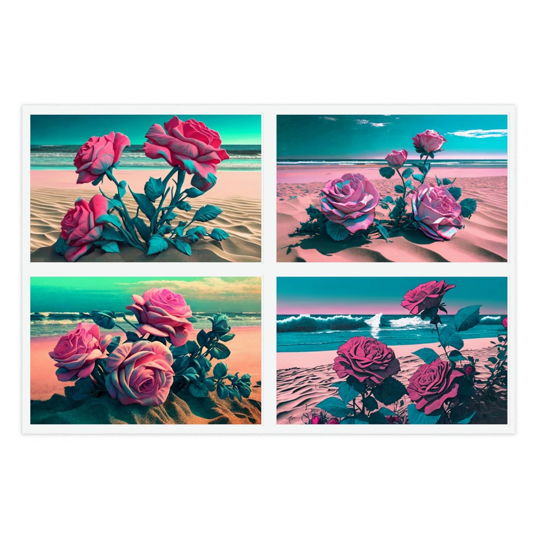 Sticker Sheets Vaporwave Beach Sand Ocean Water Sea Sky Rose Pink Blue ...