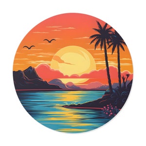 Waterproof Vaporwave Sunset With Palm Trees Circle Sticker - Retro ...
