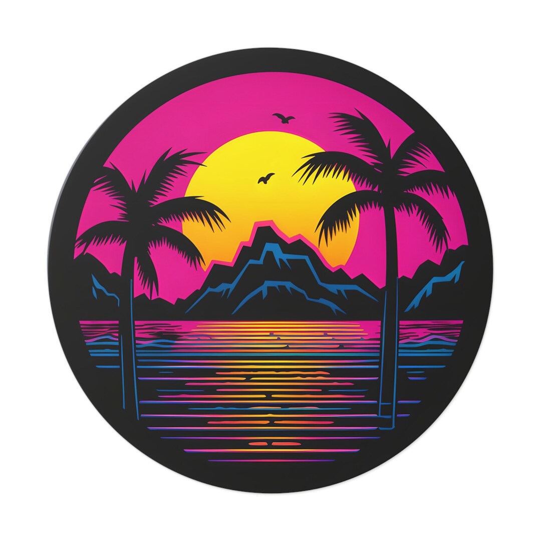 Waterproof Neon Sunset Synthwave Circle Sticker High Contrast Premium ...