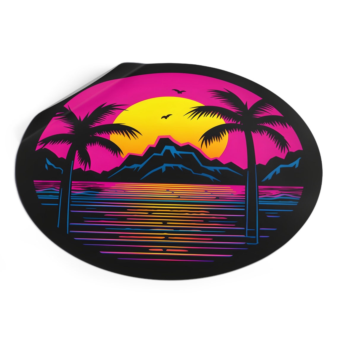 Waterproof Neon Sunset Synthwave Circle Sticker - High Contrast ...