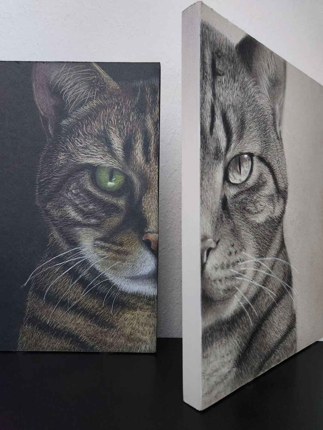 Split Face Tabby Cat Pet Portrait, Charcoal on Grey Toned Paper and ...